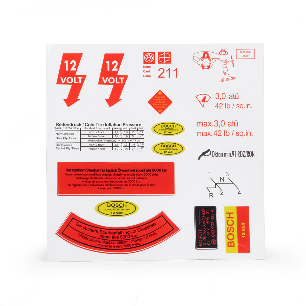 1950-79 Beetle / Ghia 12 Volt Engine Bay Decal & Service Sticker Sheet ...
